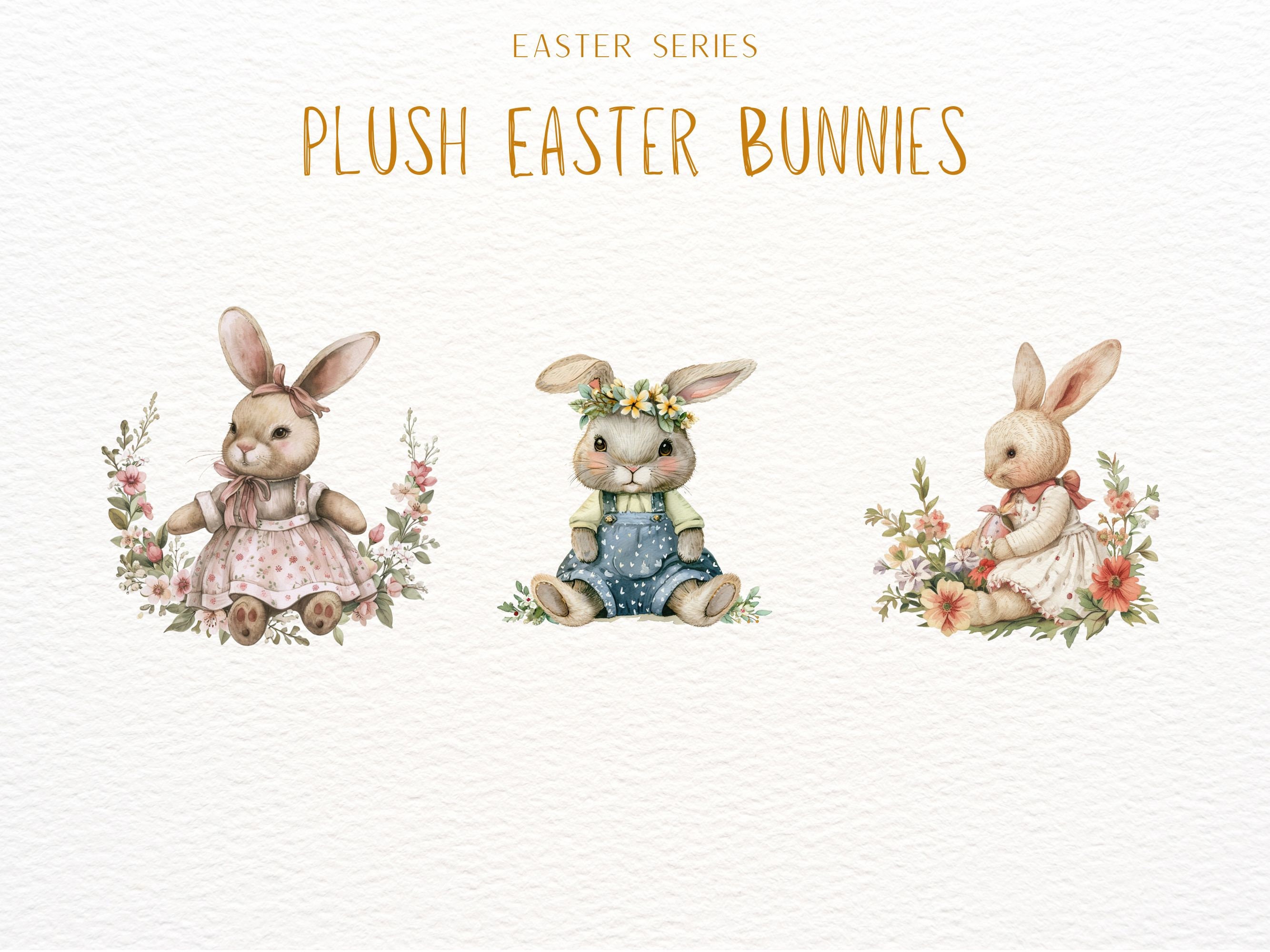 Easter Bunnies Clipart, Cute Plush Toy Bunny Clipart, Watercolor Floral ...
