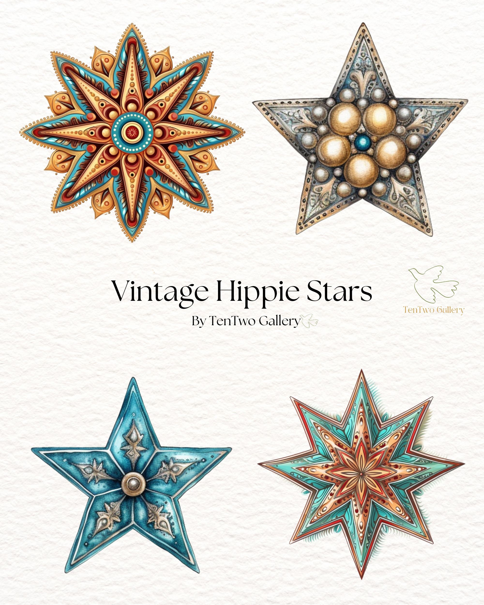 Vintage Hippie Stars Clipart Stars PNG Groovy Stars Illustrations Boho ...