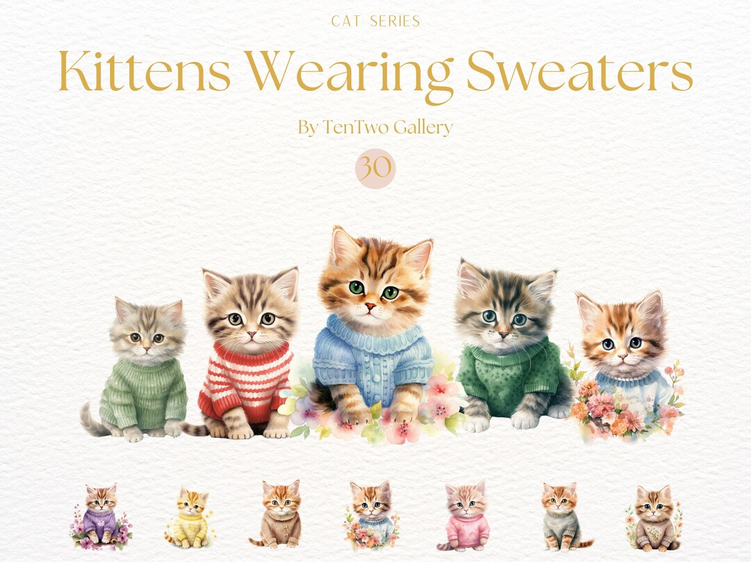 Kittens Wearing Sweaters Clipart, Watercolour Kittens, Cute Cat Clipart ...