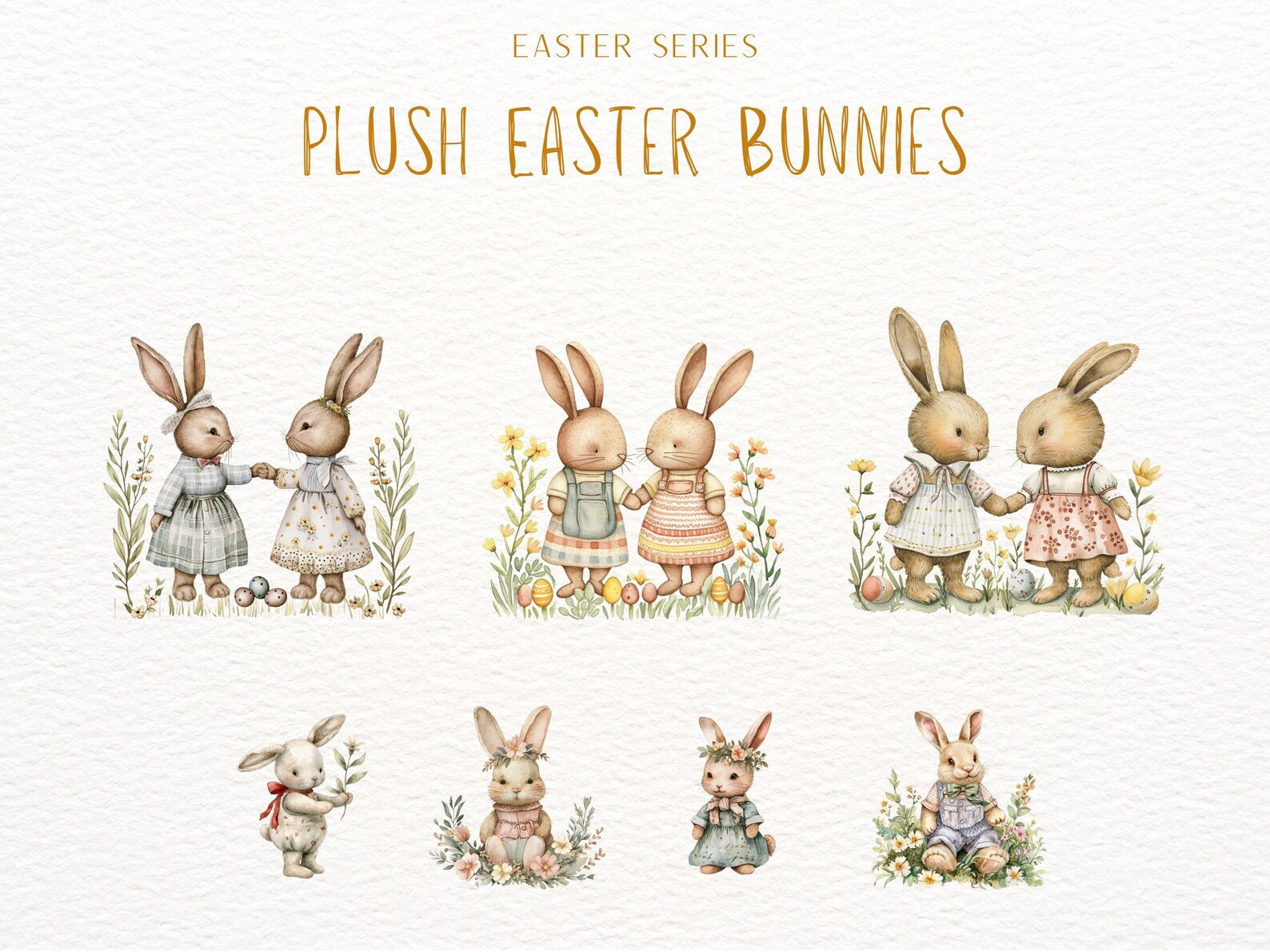 Easter Bunnies Clipart, Cute Plush Toy Bunny Clipart, Watercolor Floral ...