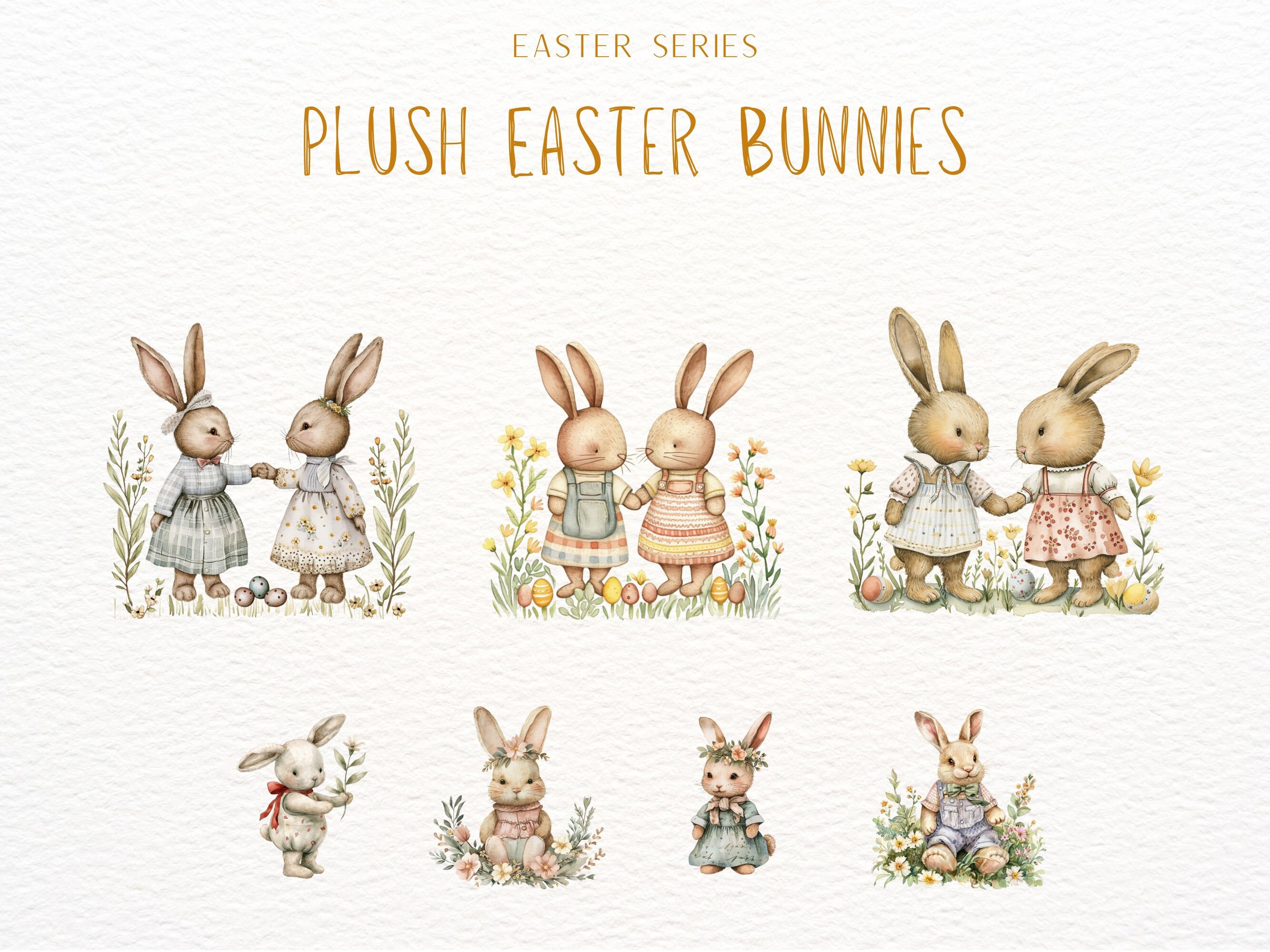 Easter Bunnies Clipart, Cute Plush Toy Bunny Clipart, Watercolor Floral ...