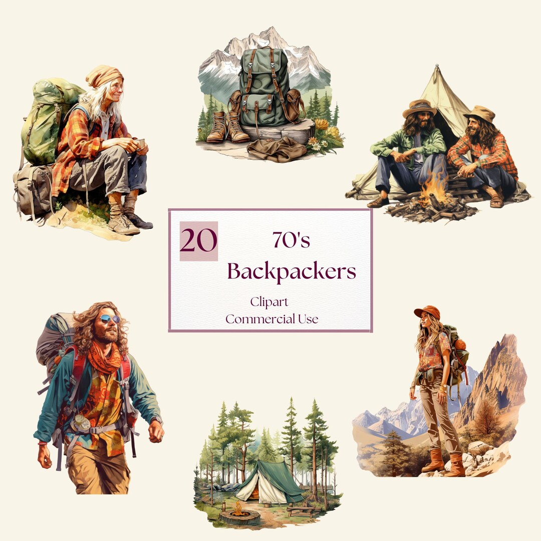 70's Backpackers Clipart Bundle | Vintage Outdoor Clipart | Hiking ...