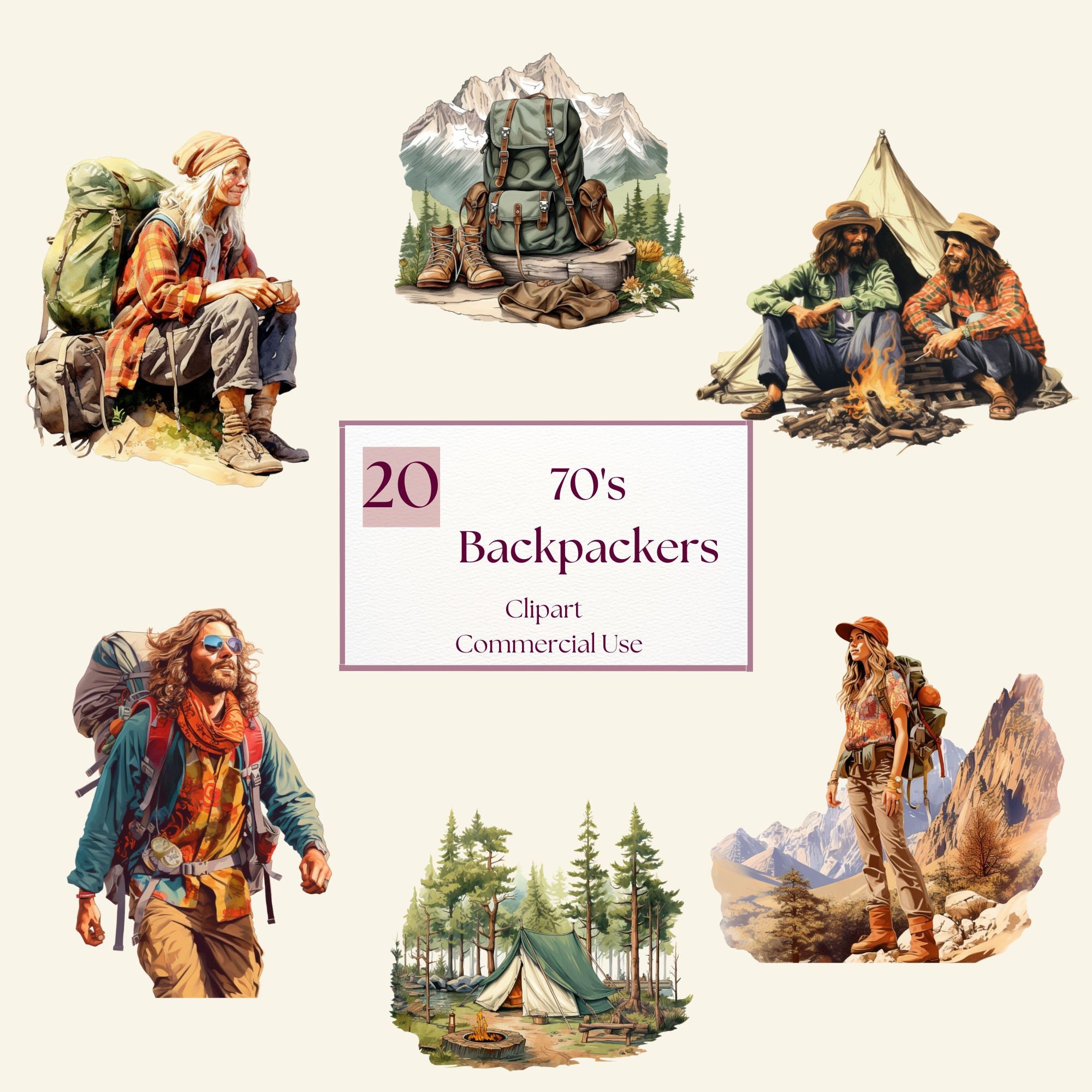 70's Backpackers Clipart Bundle Vintage Outdoor Clipart Hiking Clipart ...
