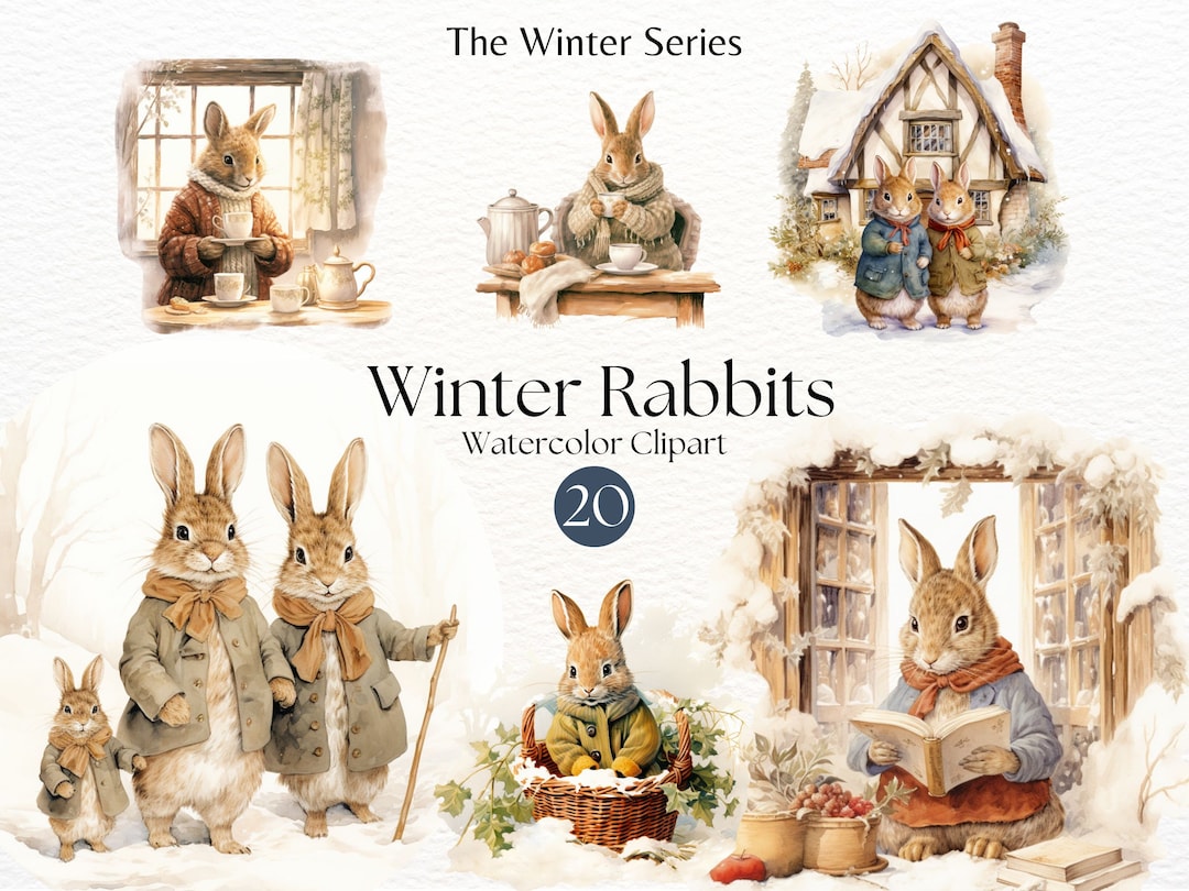Winter Rabbits Clipart | Watercolor Bunny Clipart | Cute Winter Animals ...
