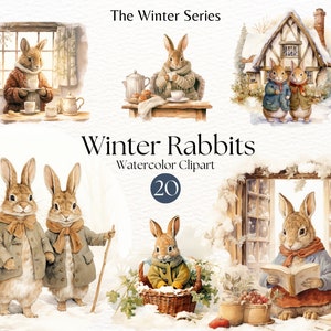 Winter Rabbits Clipart | Watercolor Bunny Clipart | Cute Winter Animals ...