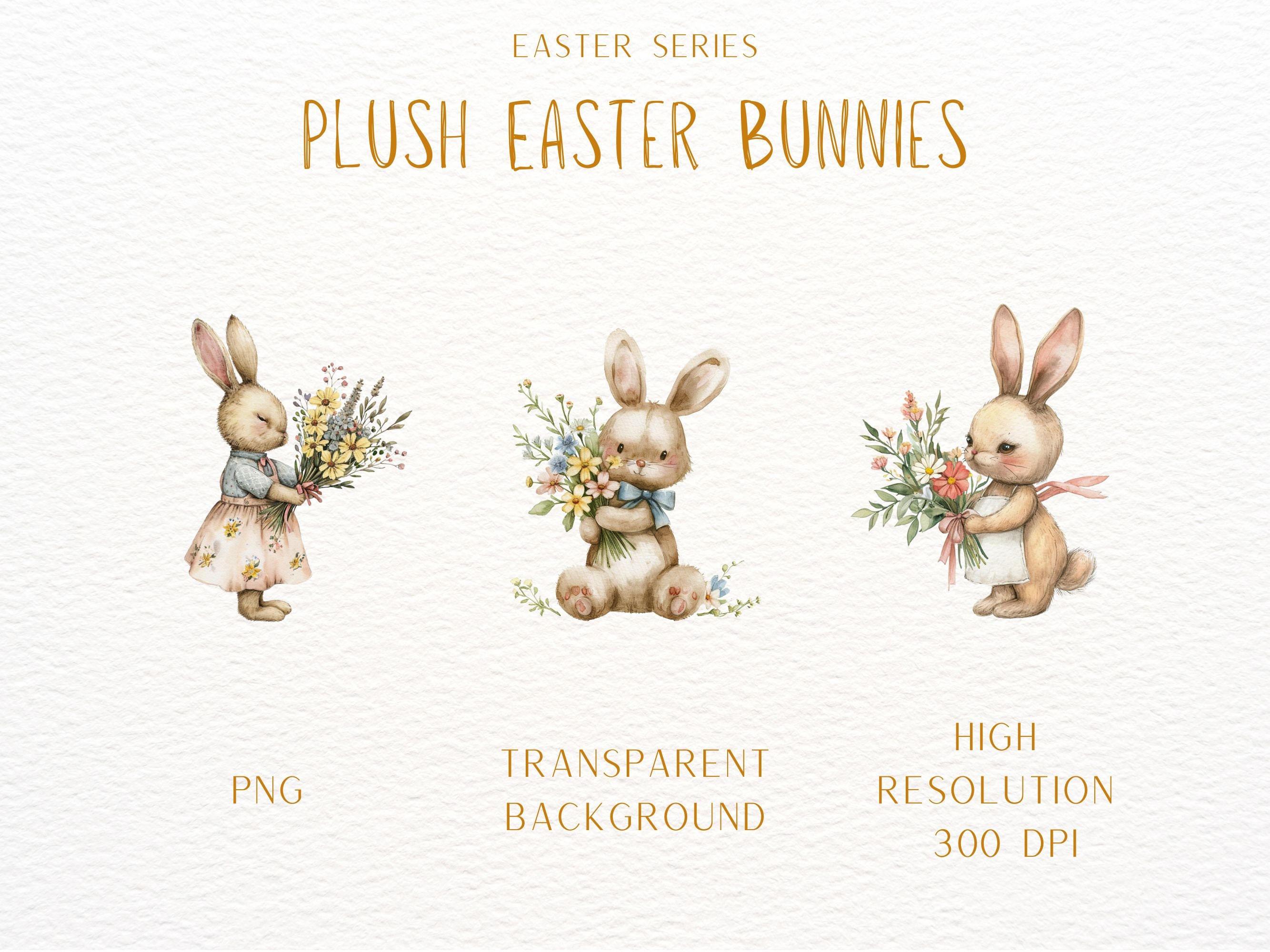 Easter Bunnies Clipart, Cute Plush Toy Bunny Clipart, Watercolor Floral ...