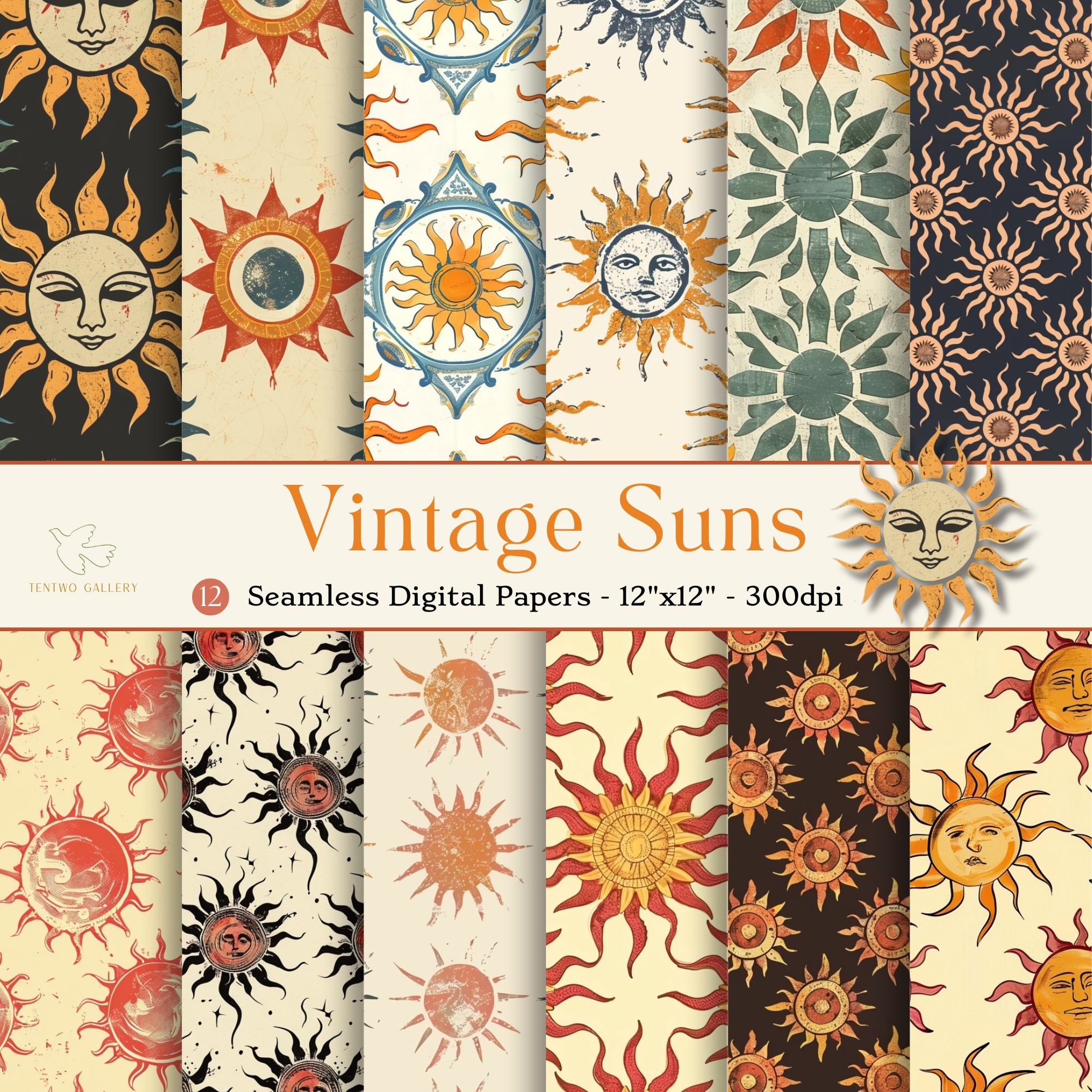 Vintage Suns Seamless Digital Paper, Printable Retro Groovy Suns ...