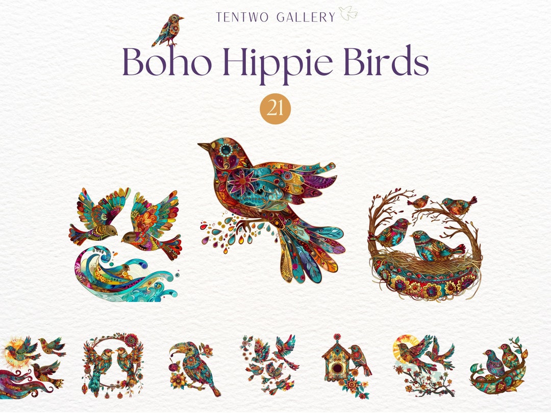 Boho Birds Clipart, Hippie Birds Clipart, Groovy Bird PNG, Bohemian ...