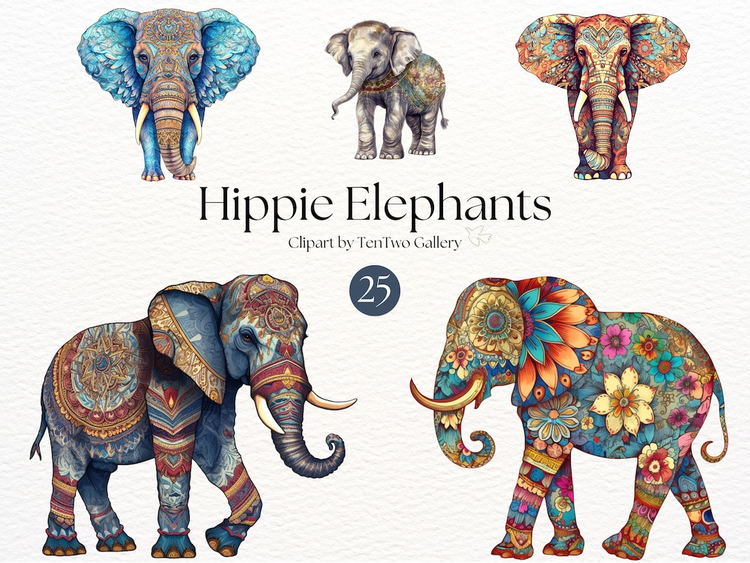 Vintage Elephants Clipart Bundle | Hippie Elephants Clipart | Groovy ...