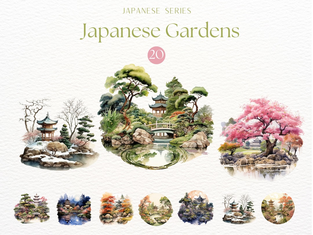 Japanese Gardens Clipart, Watercolor Japanese Landscapes Clipart ...