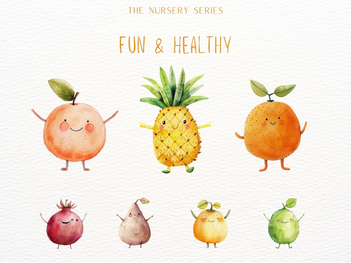 Nursery Fruit Clipart, Watercolor Fruit Characters, Healthy Foods ...