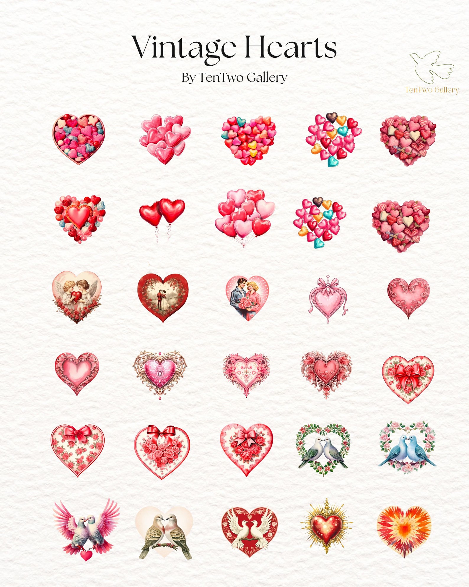 Vintage Hearts Clipart | Valentines Day Clipart | Retro Hearts PNG ...