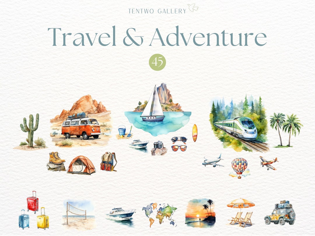Watercolor Travel Clipart, Vacation Clipart, Holiday Graphics, Sun ...