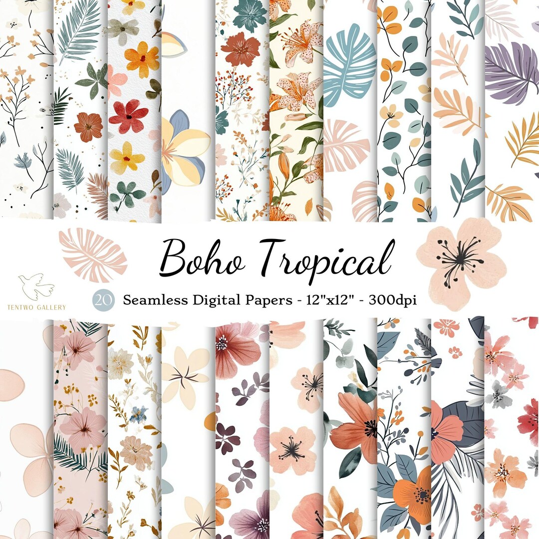 Boho Tropical Seamless Digital Paper, Cute Printable Summer Floral ...