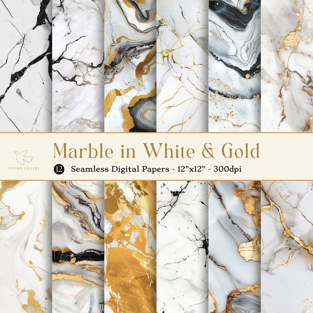 Marble in White and Gold Seamless Digital Paper, Printable Marble ...