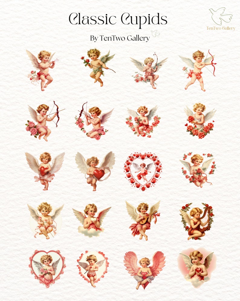 Classic Cupid Illustrations Clipart Vintage Valentines Clipart ...