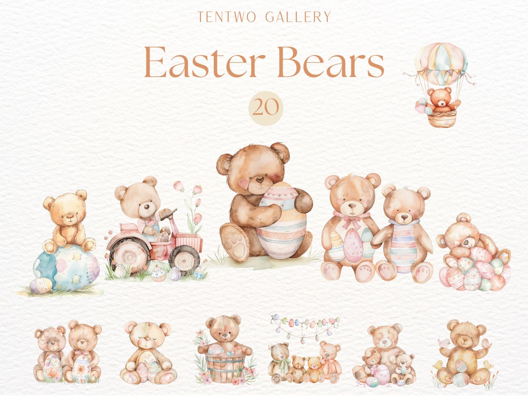 Easter Teddy Bears Clipart, Cute Bear Graphics, Watercolor Easter PNG ...