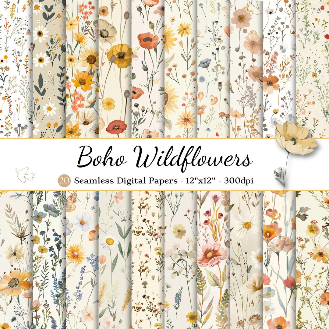 Boho Wildflowers Seamless Digital Paper, Printable Summer Floral ...