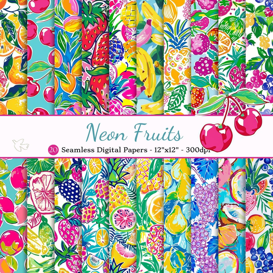 Neon Fruits Seamless Digital Paper, Printable Summer Fruit Scrapbook ...