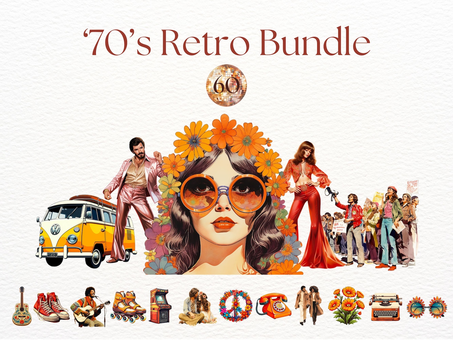 1970's Retro Clipart, Vintage Groovy Sublimation, Boho Hippie, Flower ...