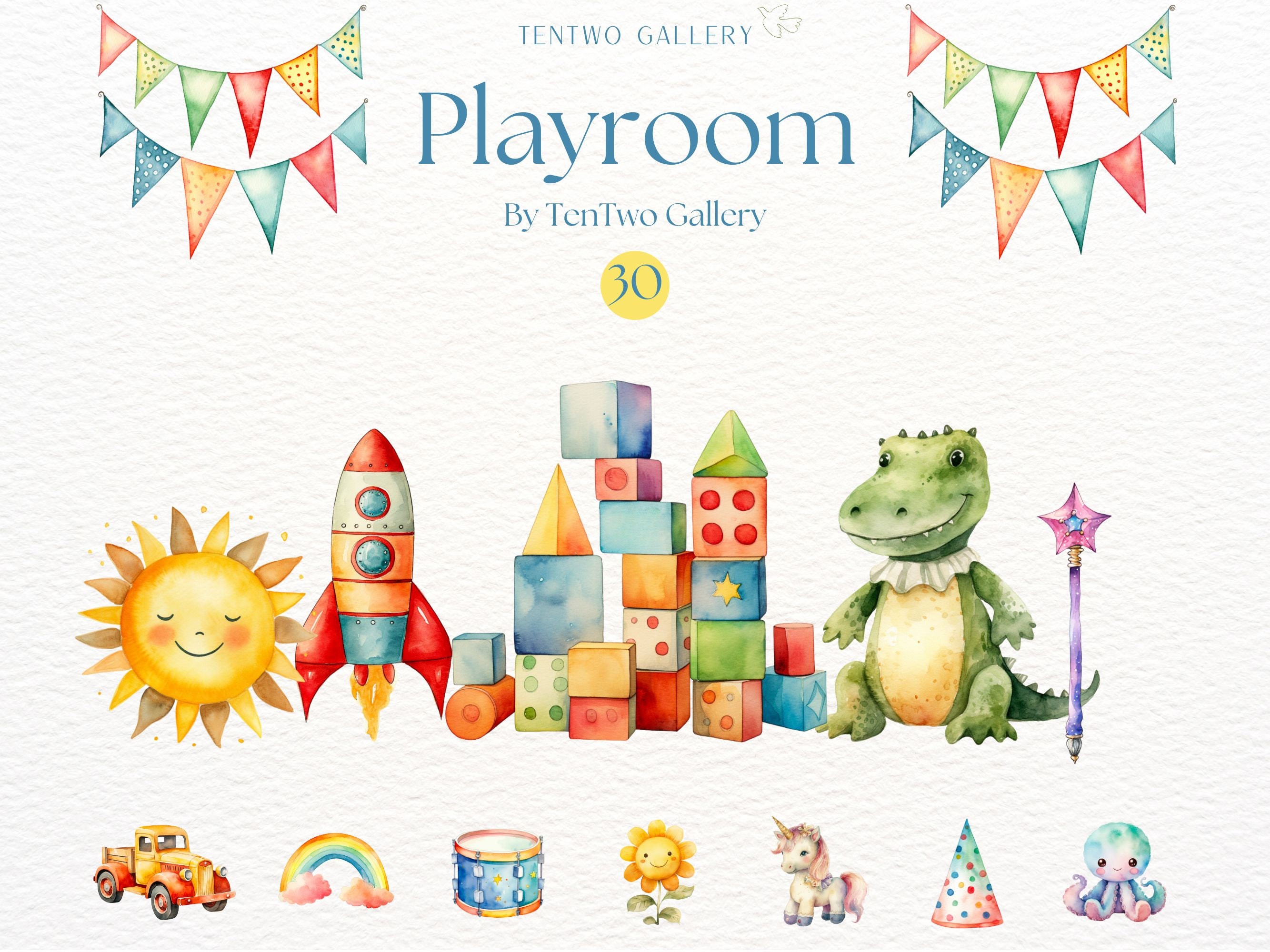 Kids Playroom Clipart, Baby Watercolor Nursery Animal Clipart, Kids ...