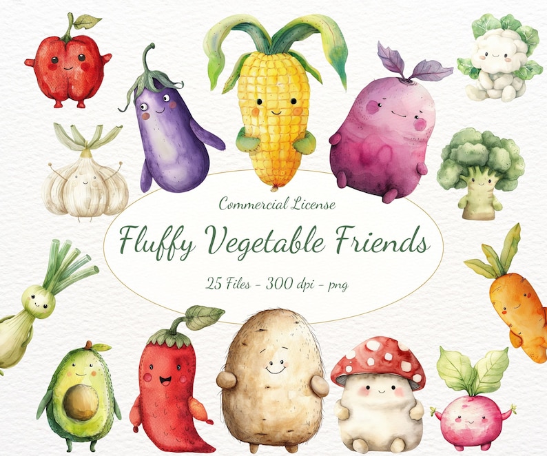 Nursery Vegetable Clipart, Watercolor Vegetable Characters, Kawaii ...