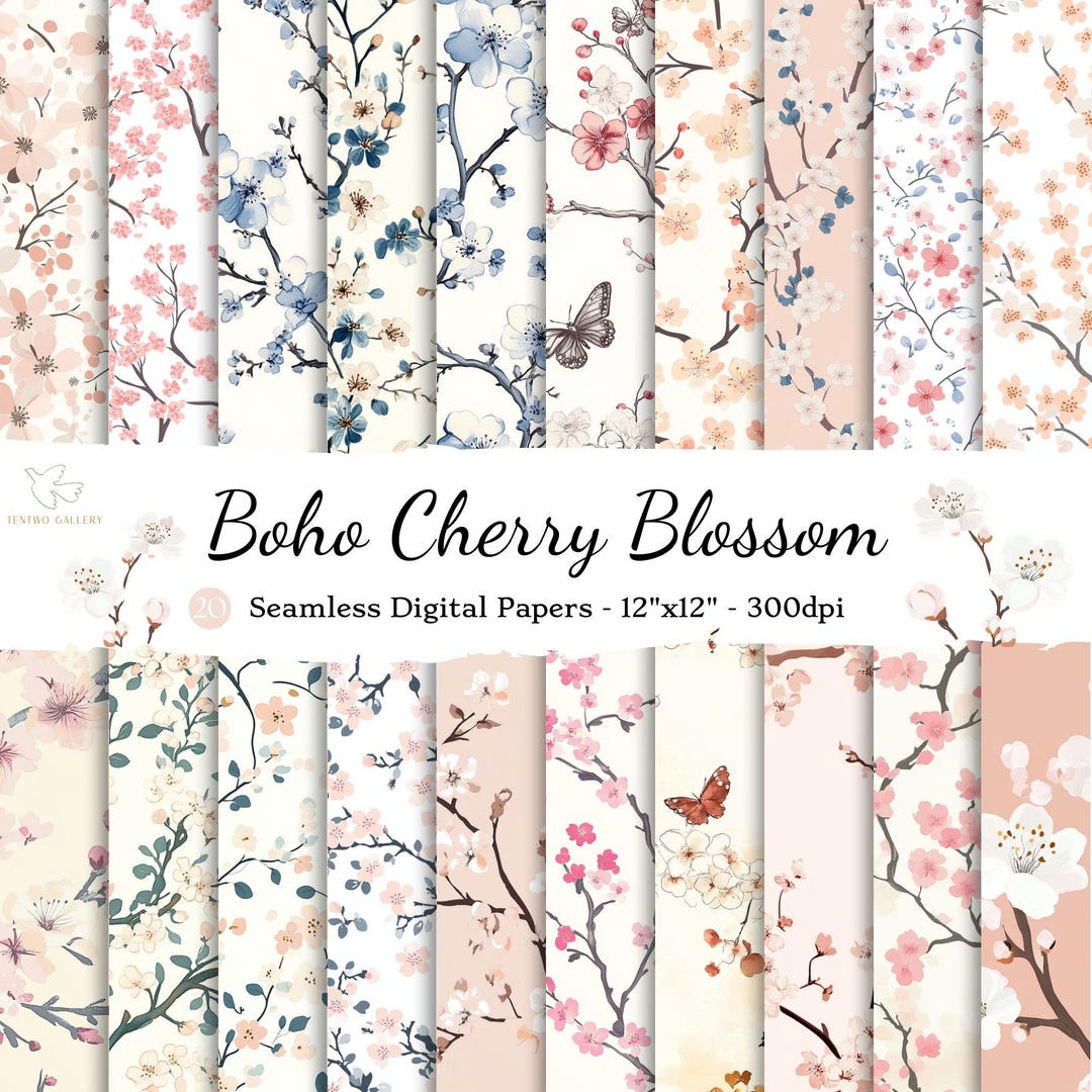Boho Cherry Blossom Seamless Digital Paper, Printable Summer Floral ...