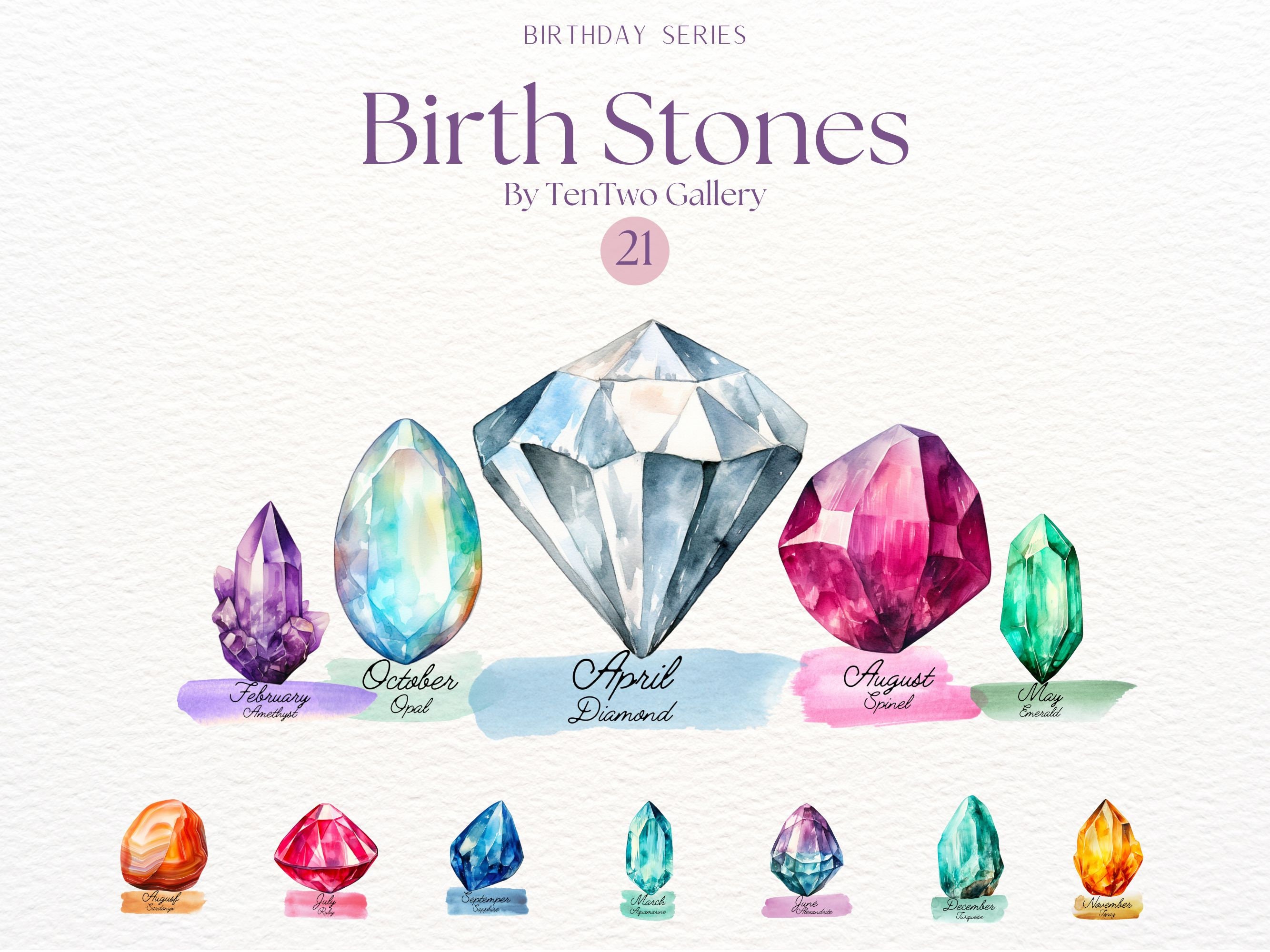 Birthstones Clipart, Watercolour Birth Gems Sublimation, All 21 ...