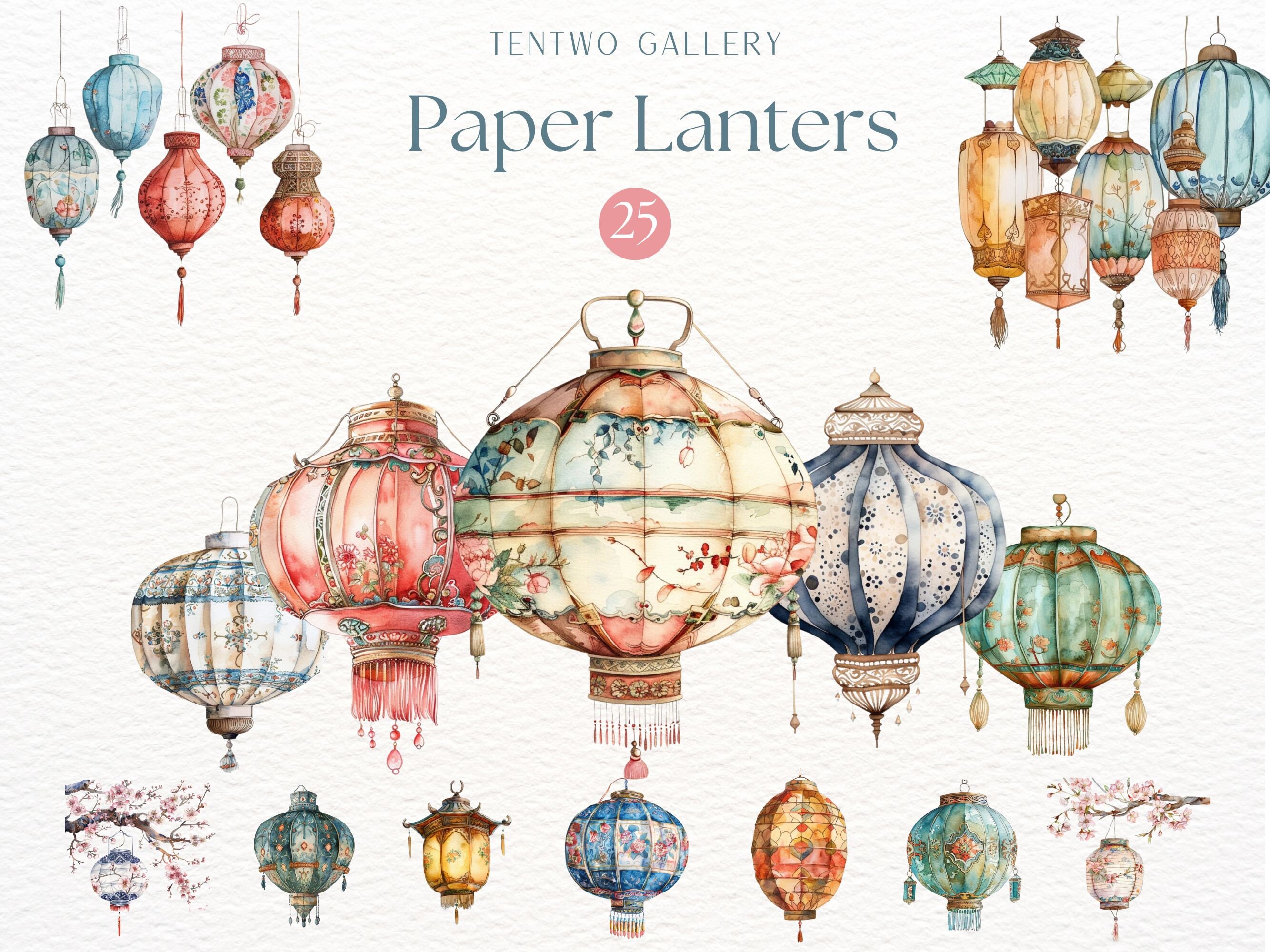Japanese Paper Lanterns Clipart, Watercolor Paper Lanterns Sublimation ...