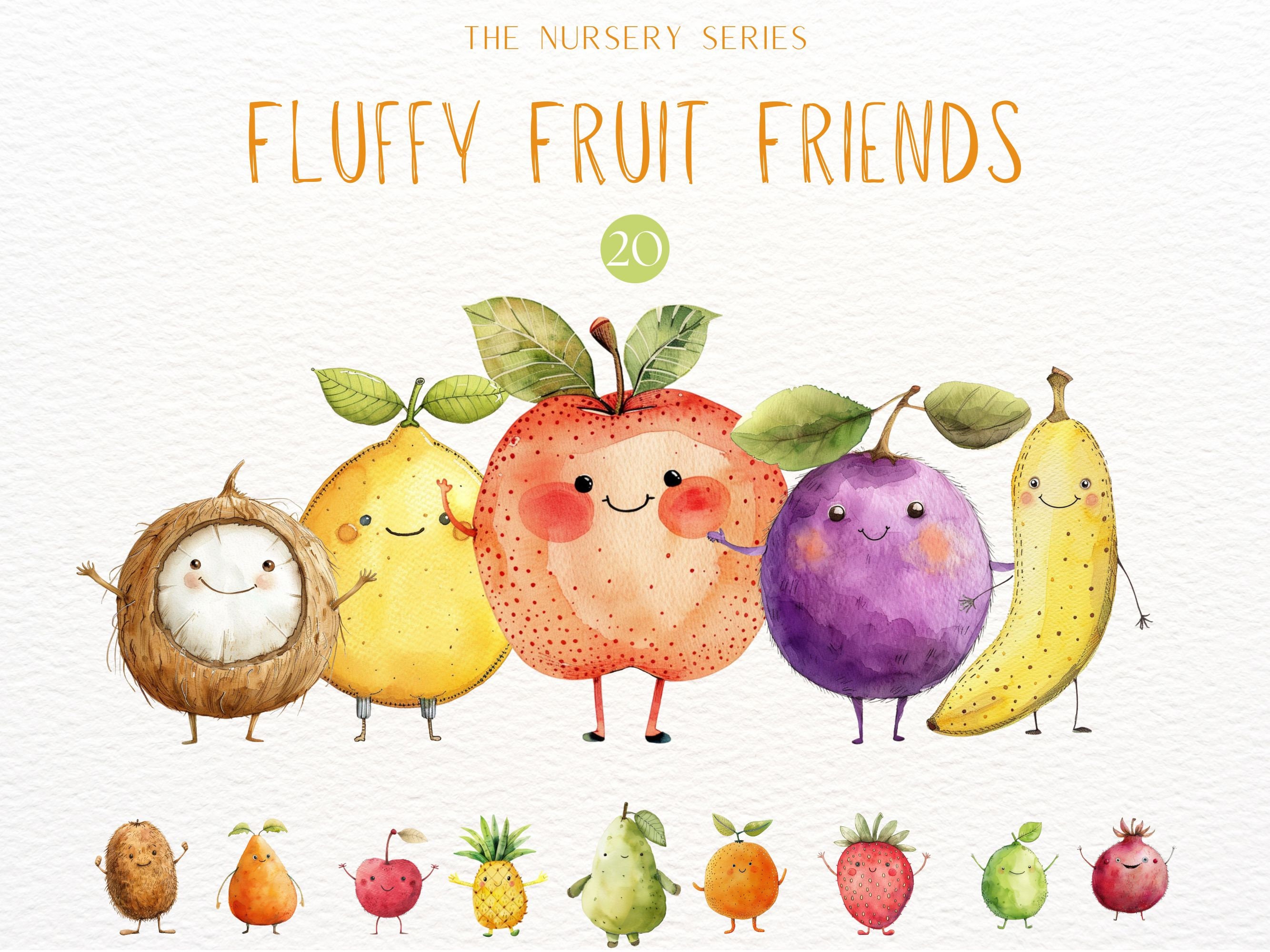 Nursery Fruit Clipart, Watercolor Fruit Characters, Healthy Foods ...