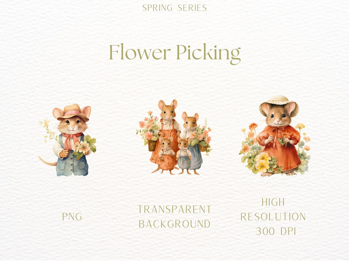Watercolor Spring Mice Clipart, Cute Mice Clipart, Spring Sublimation ...