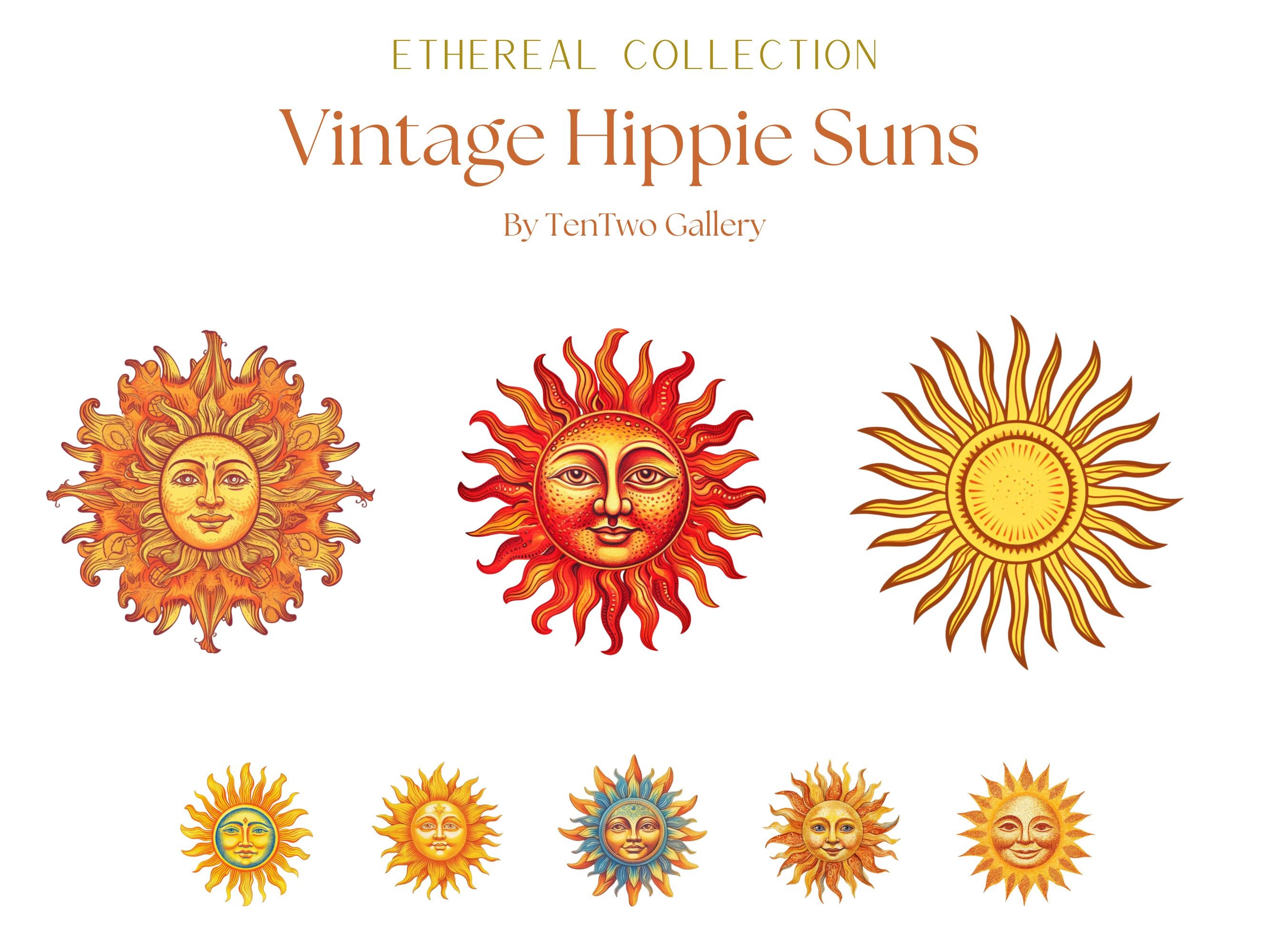 Vintage Suns Clipart, Retro Sun Illustrations, Groovy Sun PNG, Boho ...