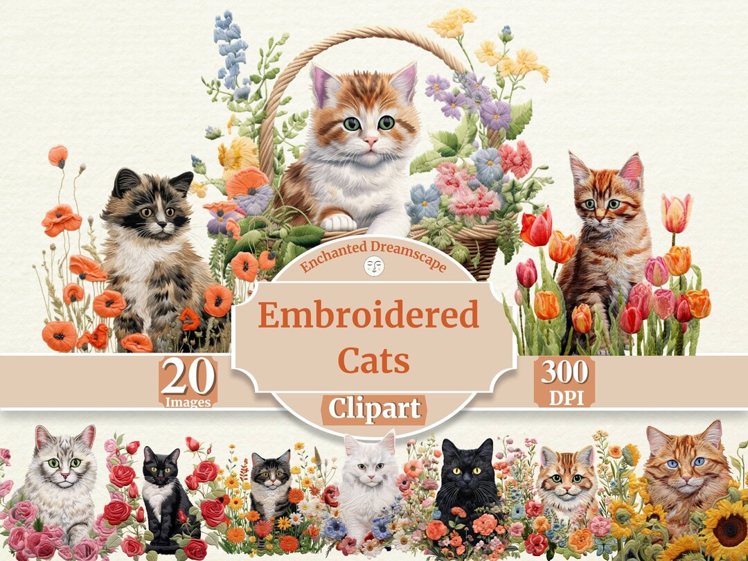 Embroidered Cats Clipart Bundle Cats With Flowers - Etsy