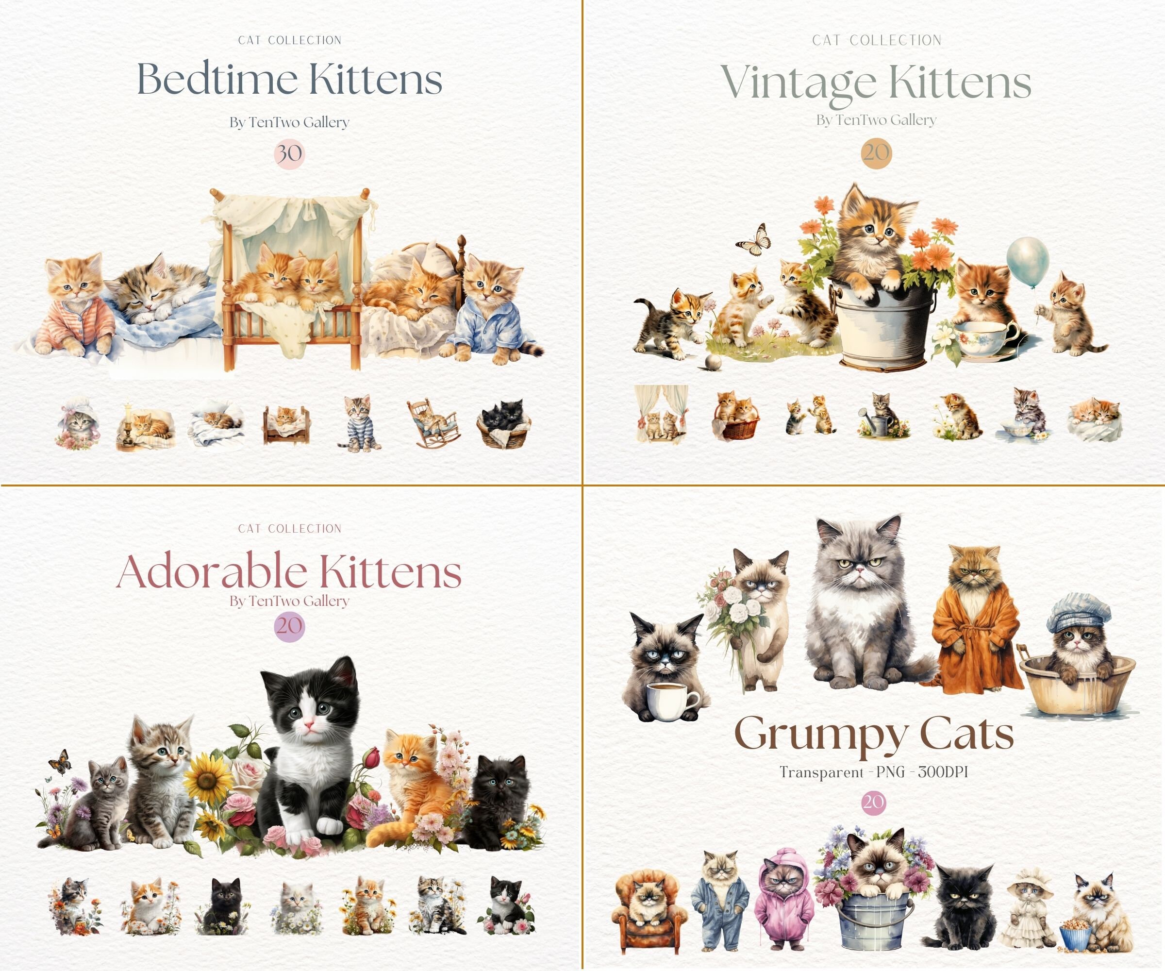 Cat Clipart Collection, Cute Kittens Clipart, Cat Value Bundle, Floral ...