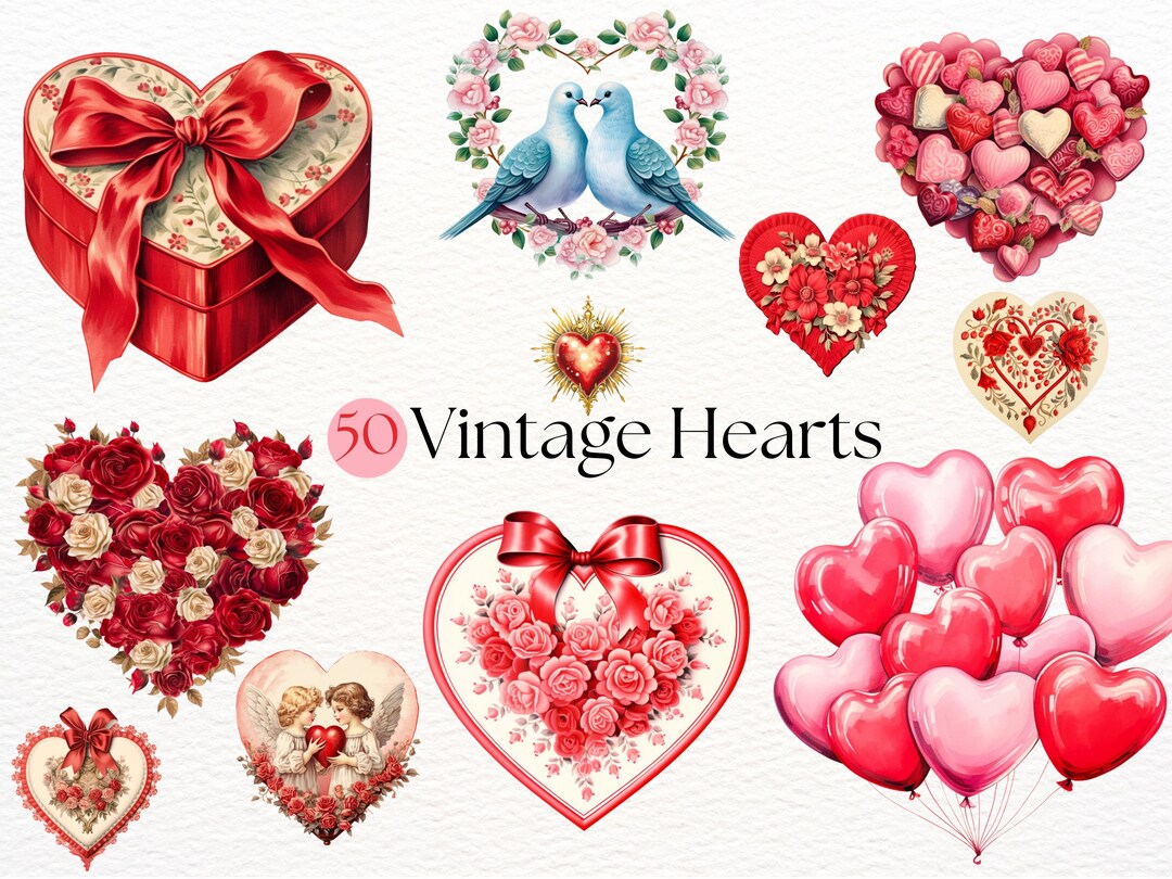 Vintage Hearts Clipart | Valentines Day Clipart | Retro Hearts PNG ...