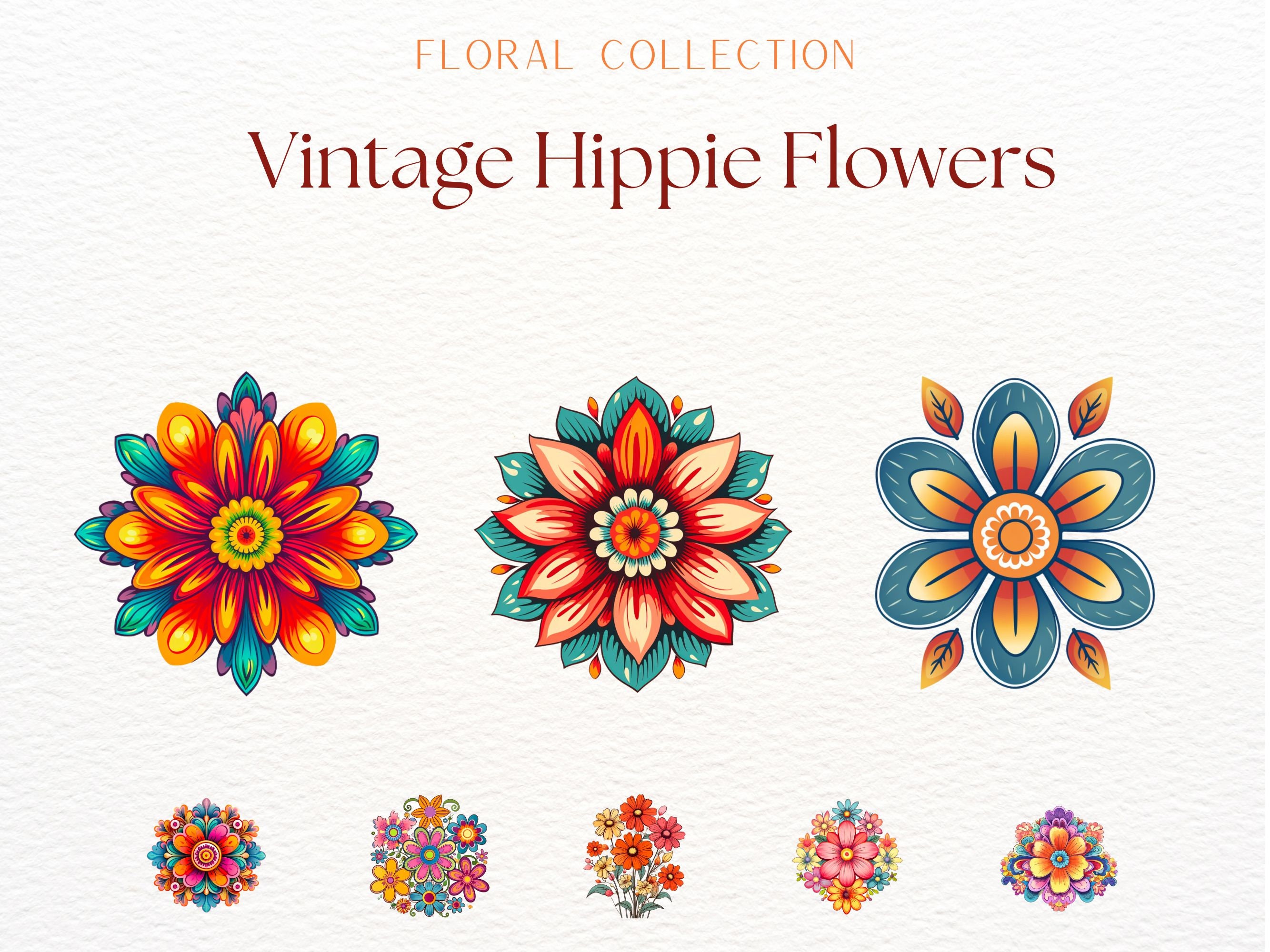 Vintage Hippie Flowers Clipart, Groovy Floral Graphics, Flower Power ...