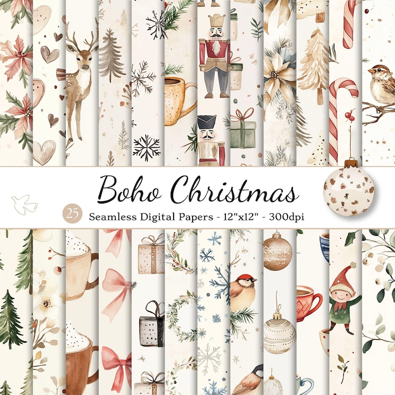 Boho Christmas Seamless Digital Paper Bundle, Printable Xmas Scrapbook ...