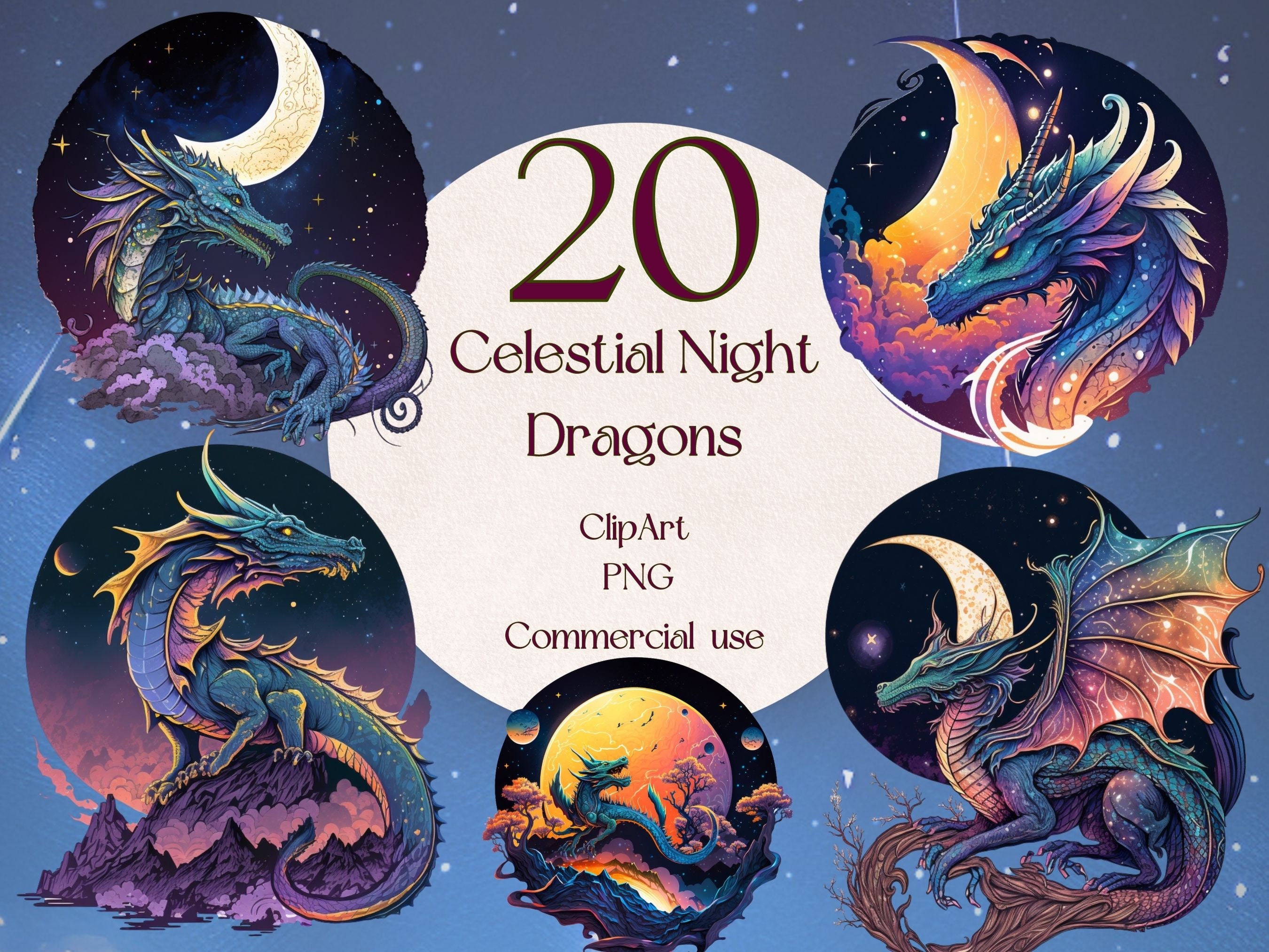 Celestial Night Dragons Clipart Fantasy Dragons Clipart - Etsy