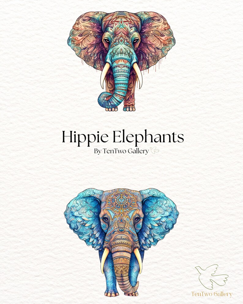 Vintage Elephants Clipart Bundle | Hippie Elephants Clipart | Groovy ...