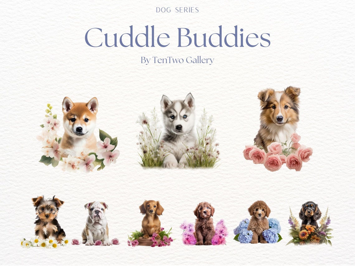 Cute Puppies With Flowers Clipart, Adorable Puppy Dogs Clipart, Dog ...