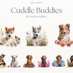 Cute Puppies With Flowers Clipart, Adorable Puppy Dogs Clipart, Dog ...