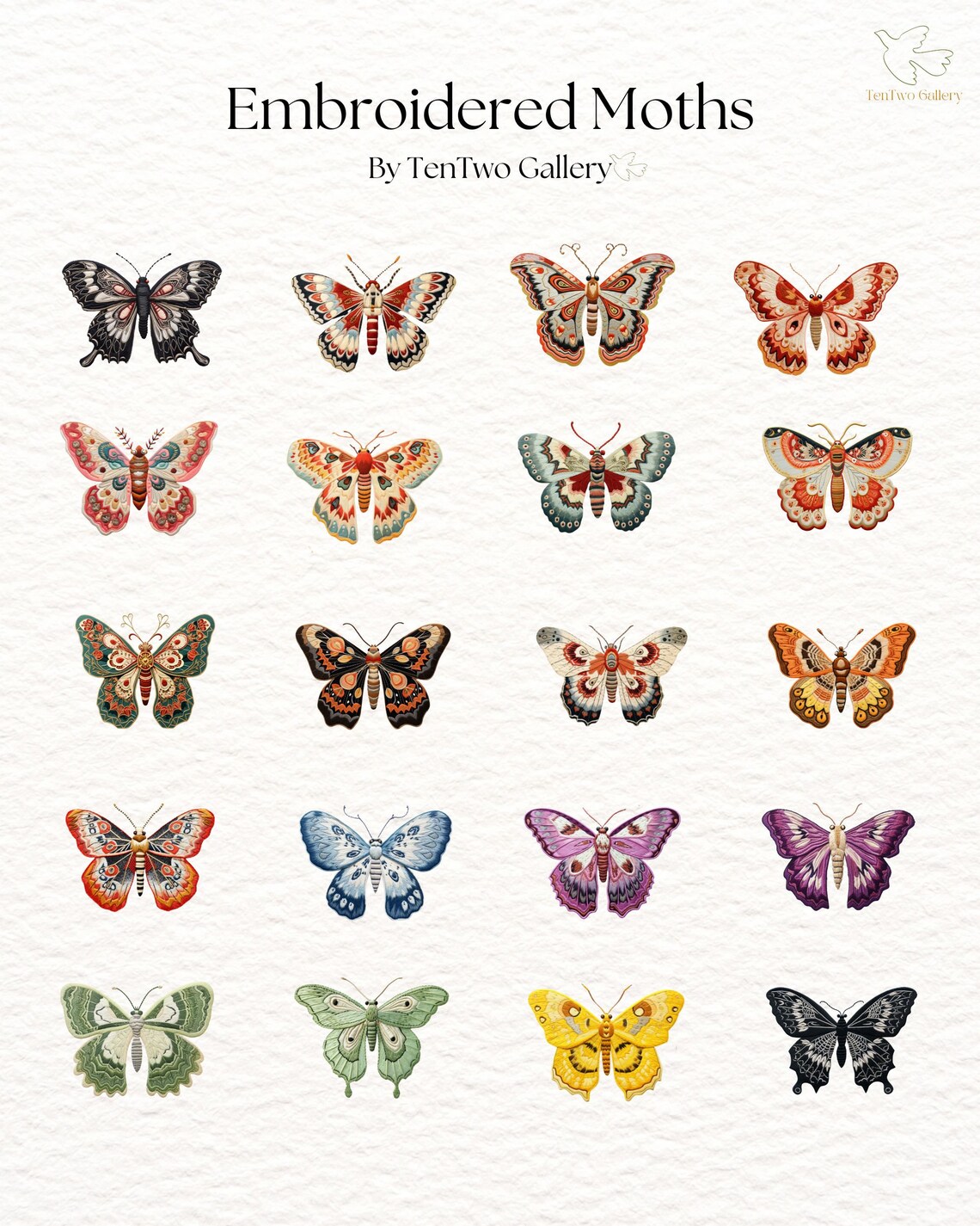 Embroidered Moths Clipart, Faux Embroidery, Broochs Sublimation ...