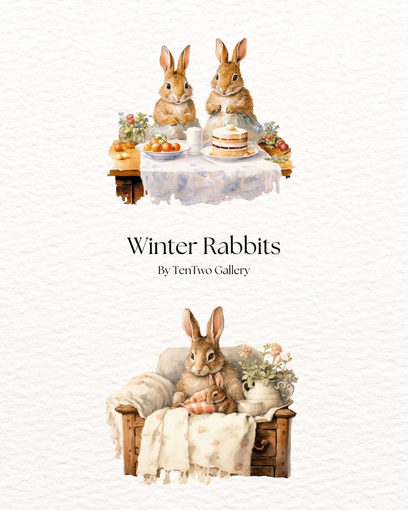Winter Rabbits Clipart | Watercolor Bunny Clipart | Cute Winter Animals ...