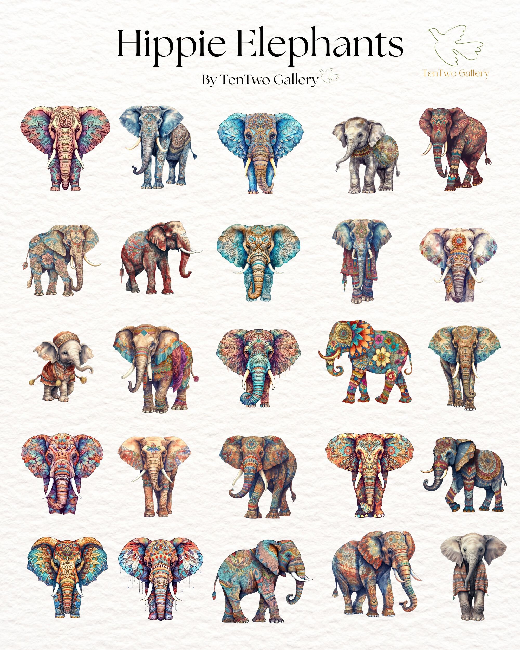 Vintage Elephants Clipart Bundle Hippie Elephants Clipart Groovy ...