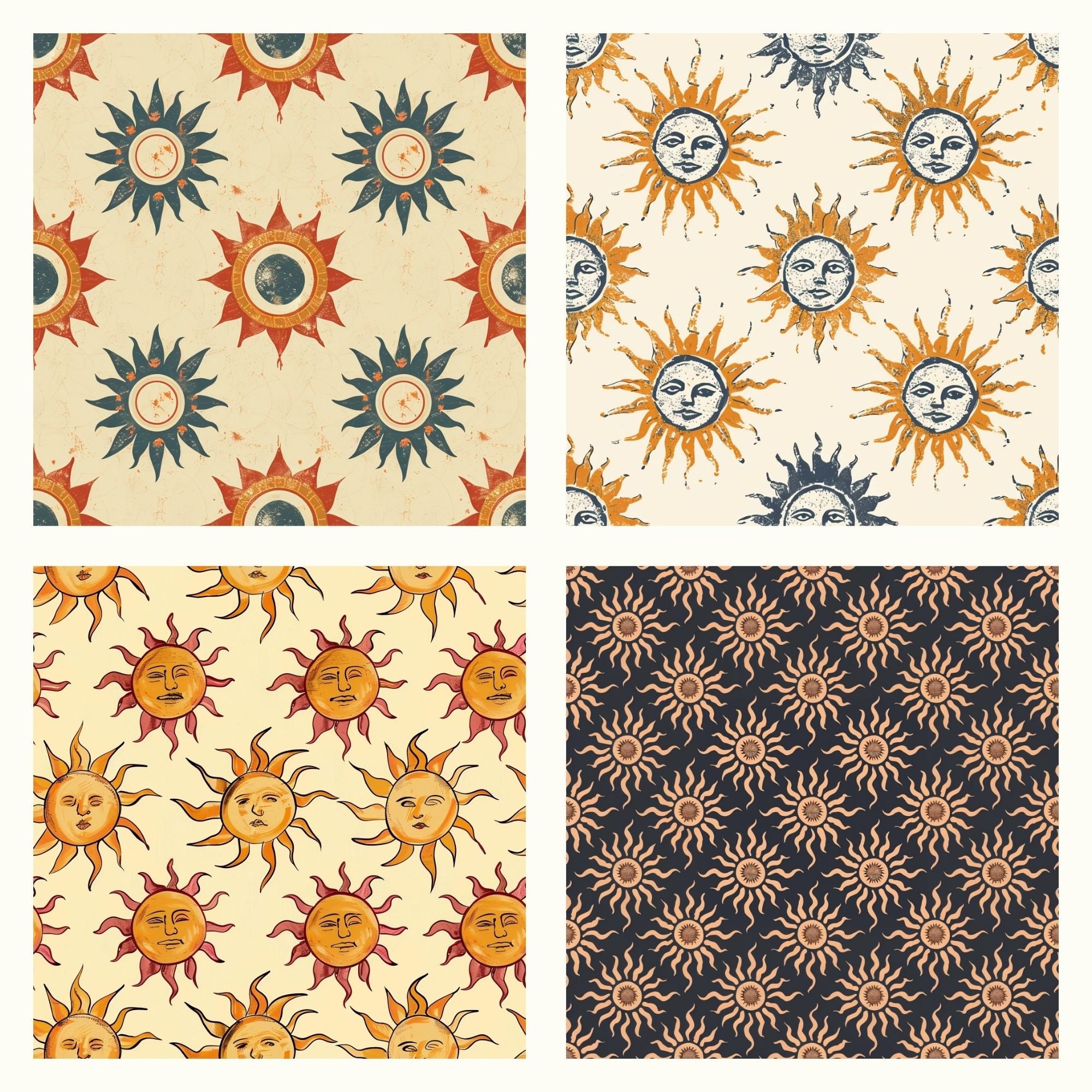 Vintage Suns Seamless Digital Paper, Printable Retro Groovy Suns ...