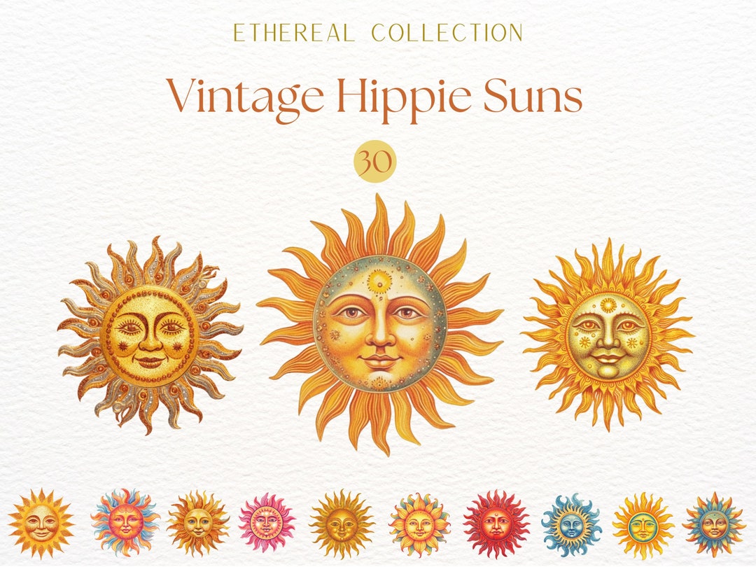 Vintage Suns Clipart, Retro Sun Illustrations, Groovy Sun PNG, Boho ...