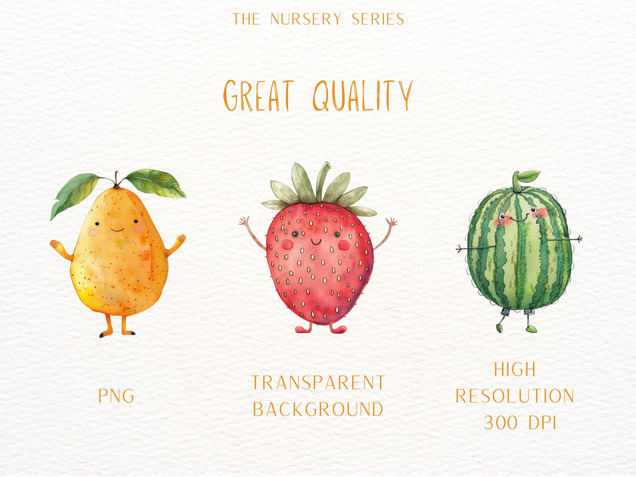 Nursery Fruit Clipart, Watercolor Fruit Characters, Healthy Foods ...