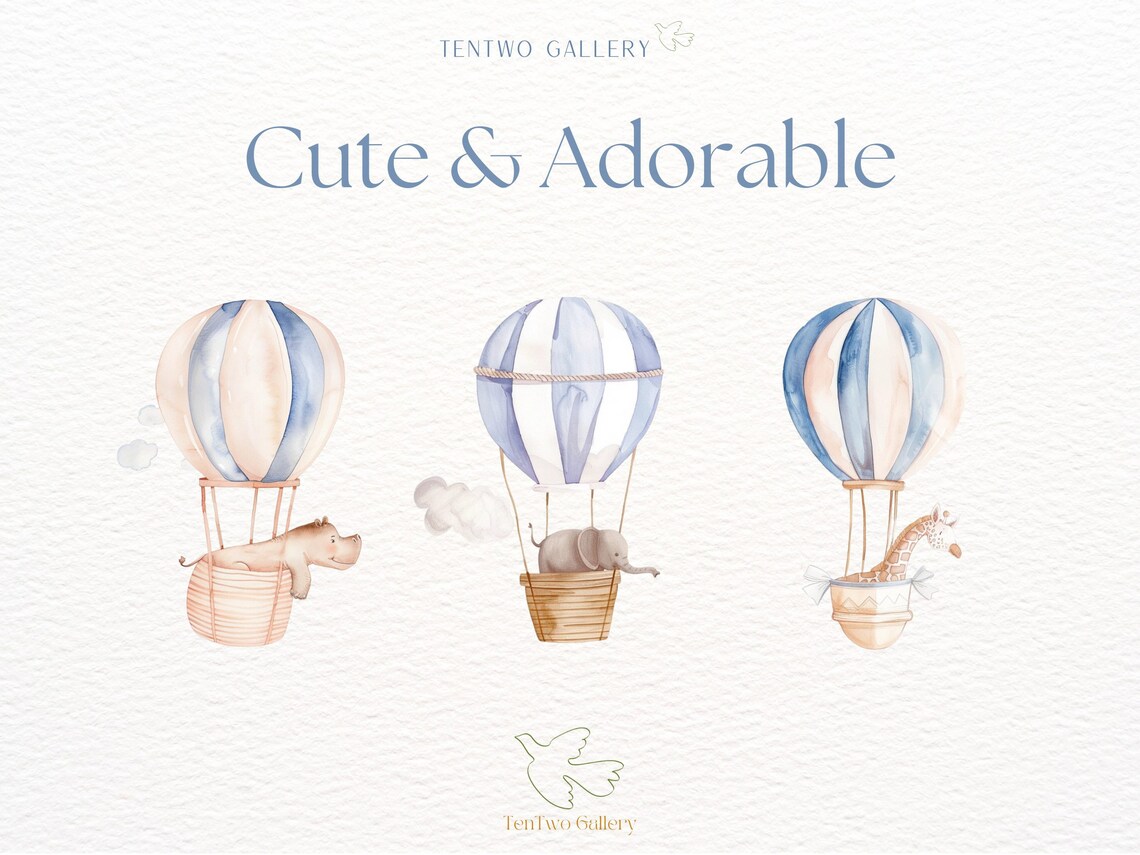Animals in Hot Air Balloons Clipart, Cute Watercolor Safari Animals ...
