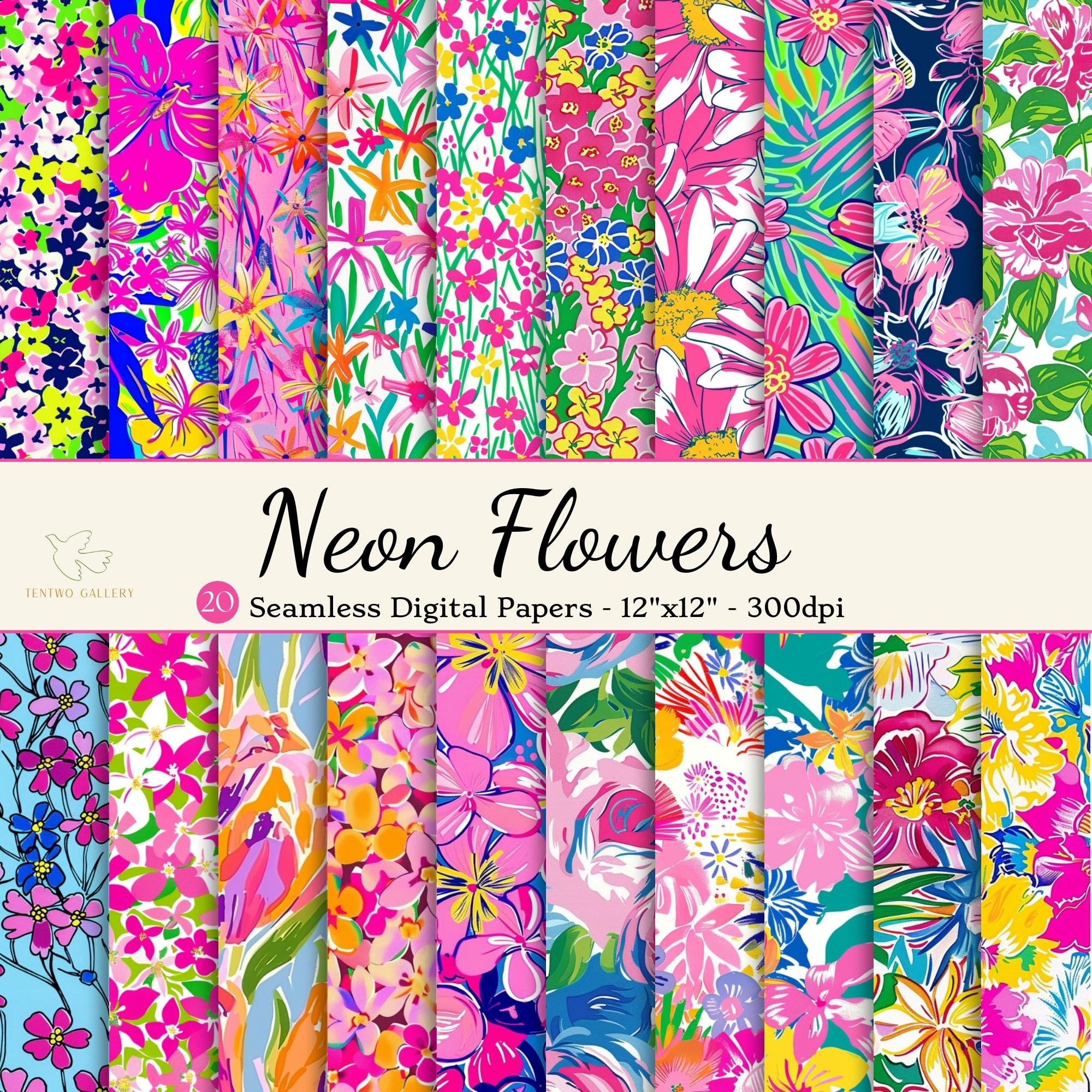 Neon Flowers Seamless Digital Paper, Printable Summer Floral Scrapbook ...
