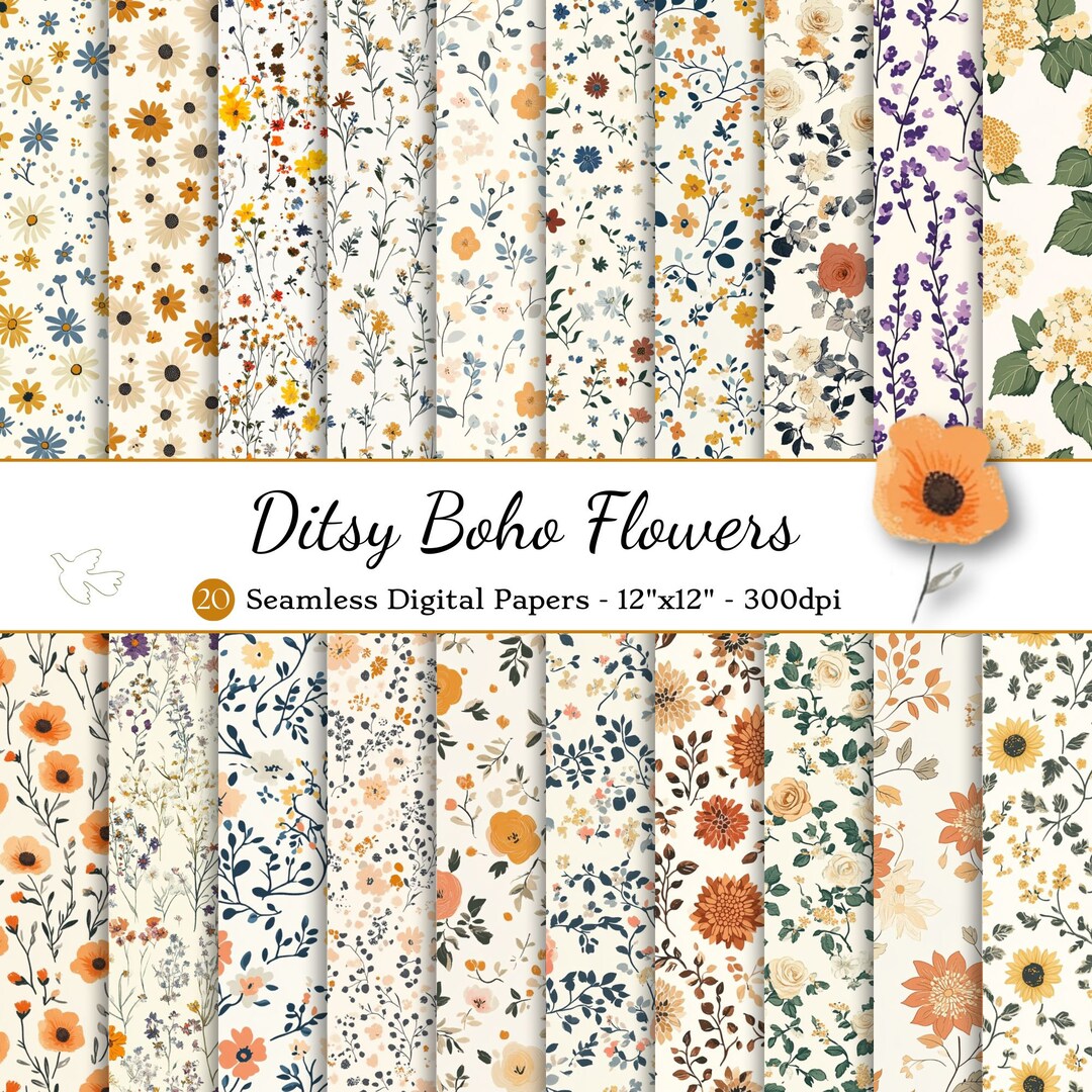 Ditsy Boho Flowers Seamless Digital Paper, Cute Printable Summer Floral ...